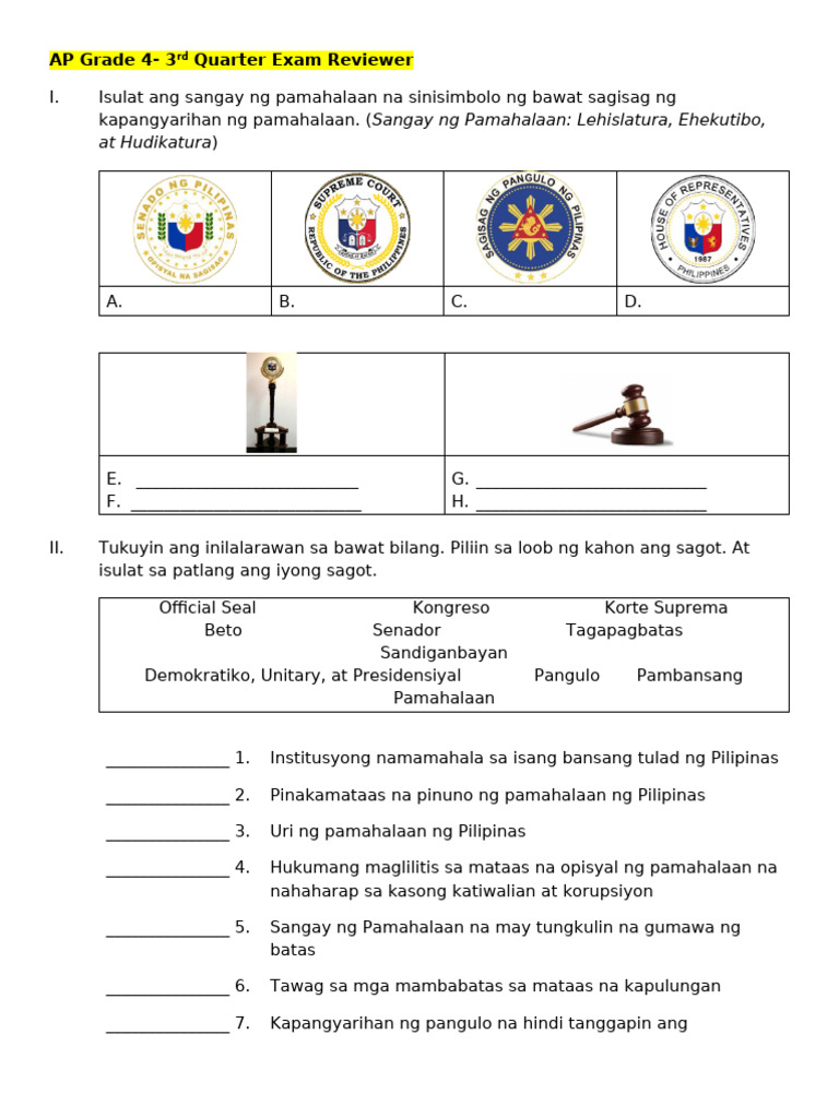 AP Grade 4 - 3rd Quarter Exam Review | PDF