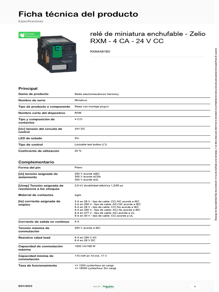 Relé Miniatura Enchufable 24V DC RXM4AB1BD | PDF | Relé | Corriente ...
