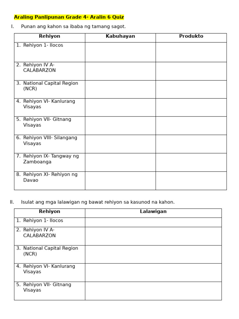 AP Grade 4 - Aralin 6 Quiz | PDF