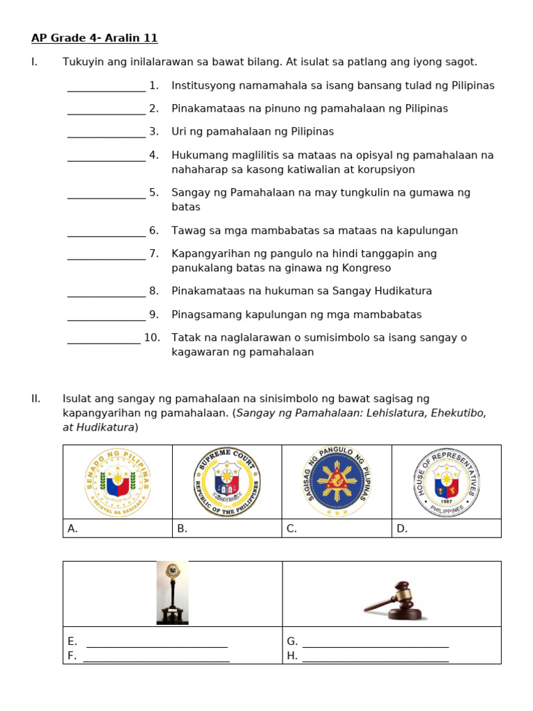 AP Grade 4- Aralin 11 Quiz | PDF