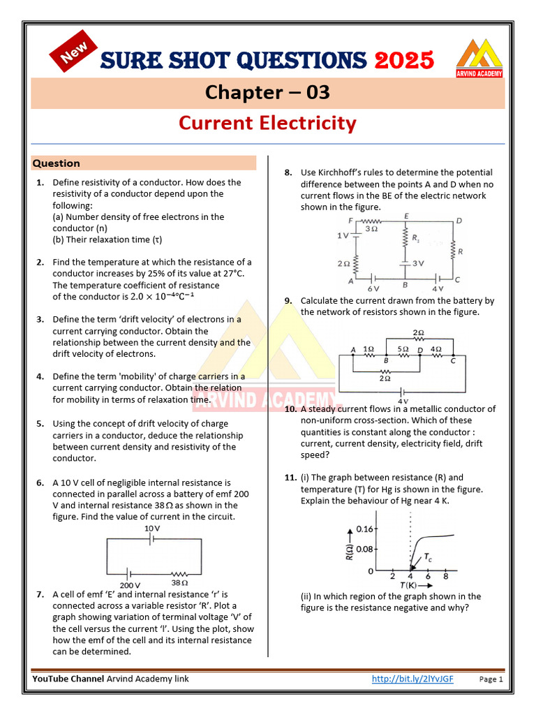 Sure Shot Questions on Current Electricity | PDF | Electrical ...