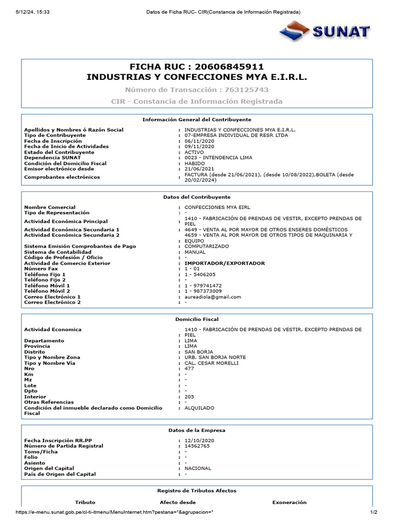 Ficha RUC de Industrias MYA E.I.R.L. | PDF | Industrias de servicio