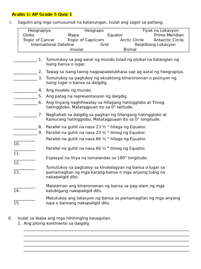 Aralin 1 - AP Grade 5 Quiz 1 | PDF