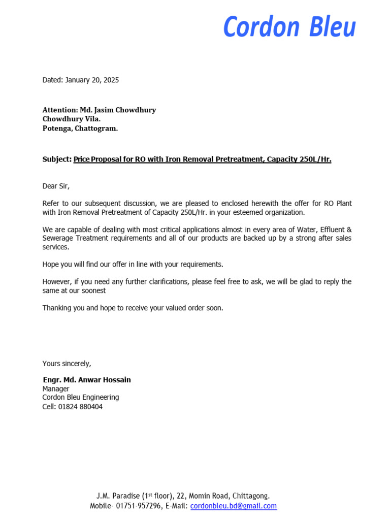 Price Proposal for RO Plant With Iron Removal Pre-Treatment- Capacity 250L Per Hour -ACDL | PDF ...