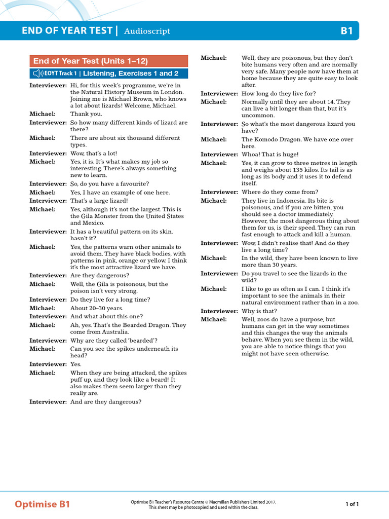 OPT B1 EOY Test Audioscript | PDF | Lizard | Zoology