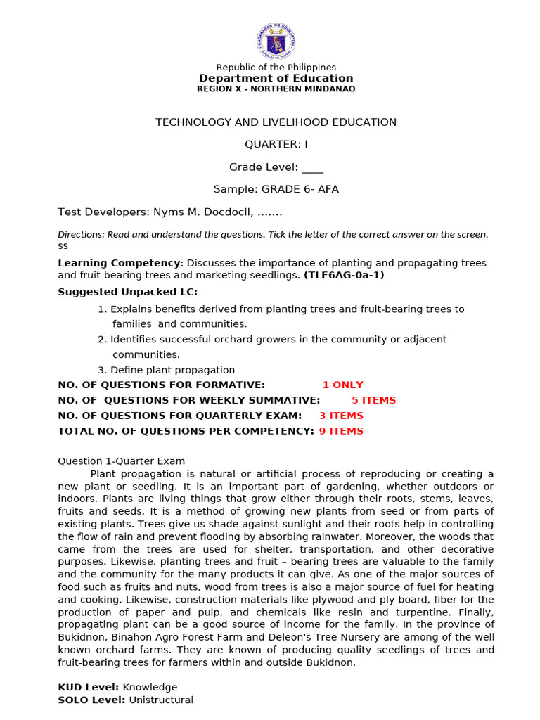 TEMPLATE-FOR-TEST-DEVELOPMENT-EPP-TLE-TVL | PDF | Plants | Trees