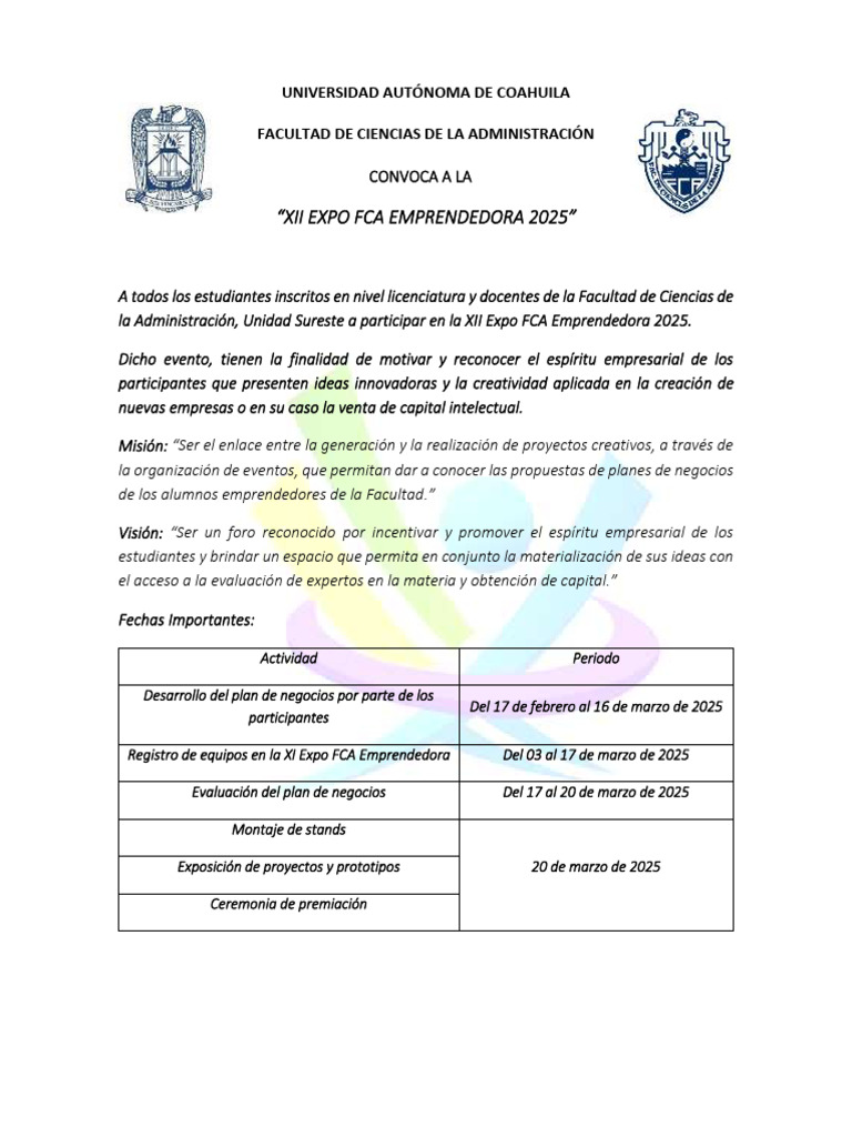 XII Expo FCA Emprendedora 2025: Convocatoria | PDF | Iniciativa ...