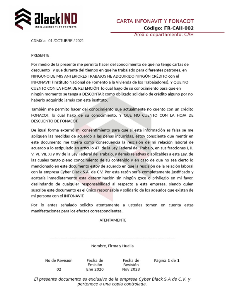 Carta Infonavit y Fonacot | PDF