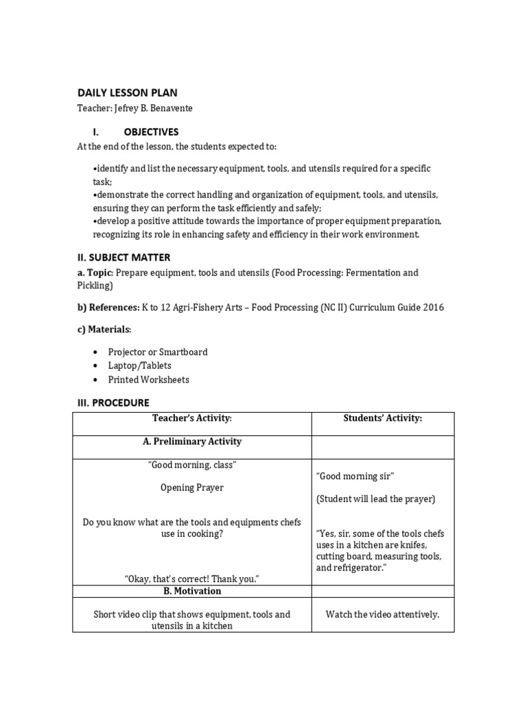 Lesson Plan (Food Processing) (1) | PDF | Kitchen Utensil | Lesson Plan