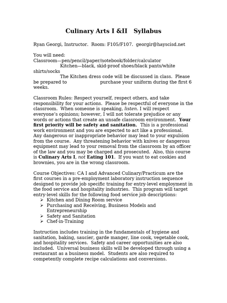 2018 Culinary Arts Syllabus | PDF