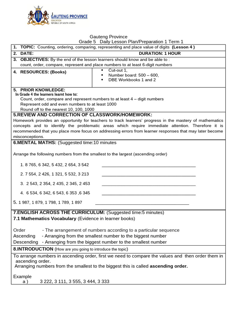 Grade 5 Math Lesson Plan: Ordering Numbers | PDF | Homework | Curriculum