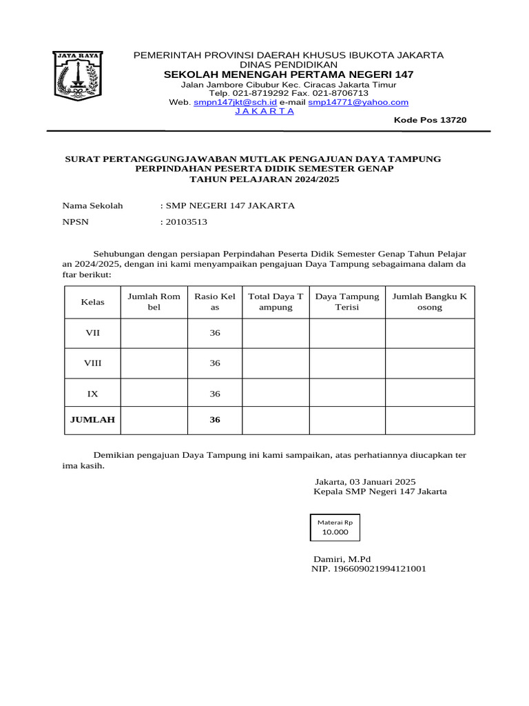 (SMP) Form Pengajuan Daya Tampung Perpindahan Peserta Didik Semester ...