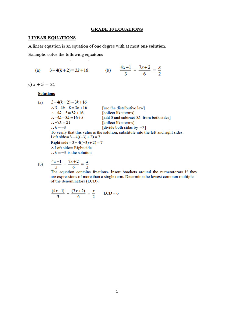 Grade 10 Equations: Linear & Quadratic | PDF