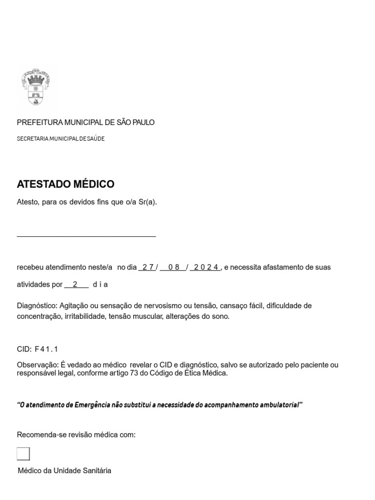 Atestado Médico por Cansaço e CID F411 | PDF