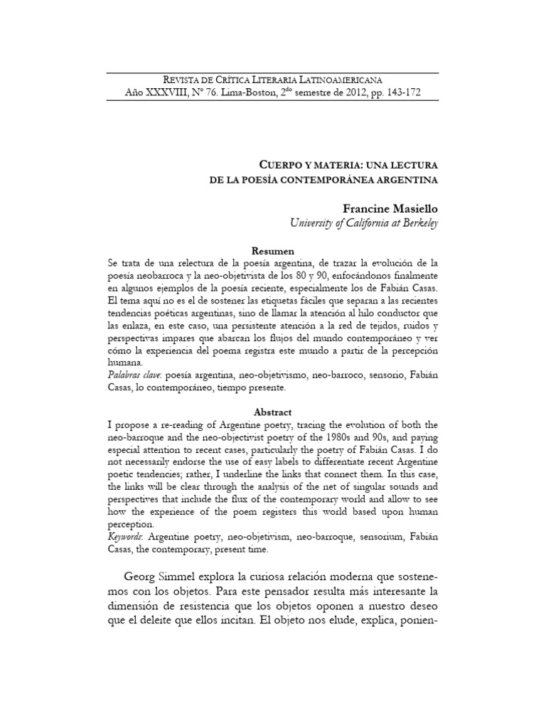 MASIELLO (2012) Cuerpo y Materia Una Lectura de La Poesía Argentina ...