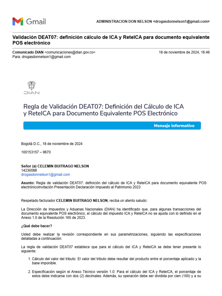 Gmail - Validación DEAT07 - Definición Cálculo de ICA y ReteICA para Documento Equivalente POS ...