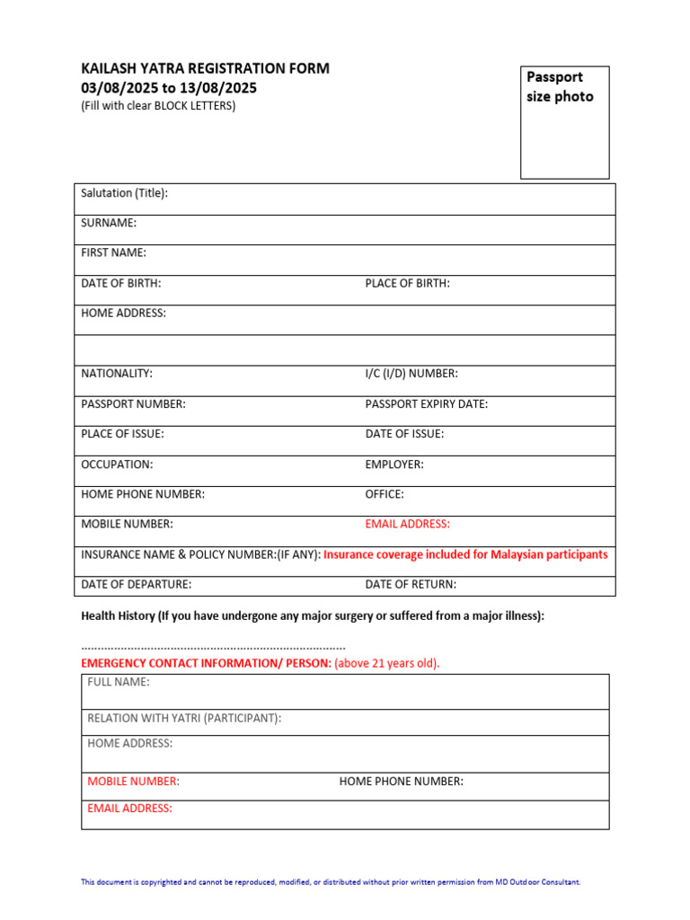 Kailash Yatra Registration Form | PDF | Insurance | Fee