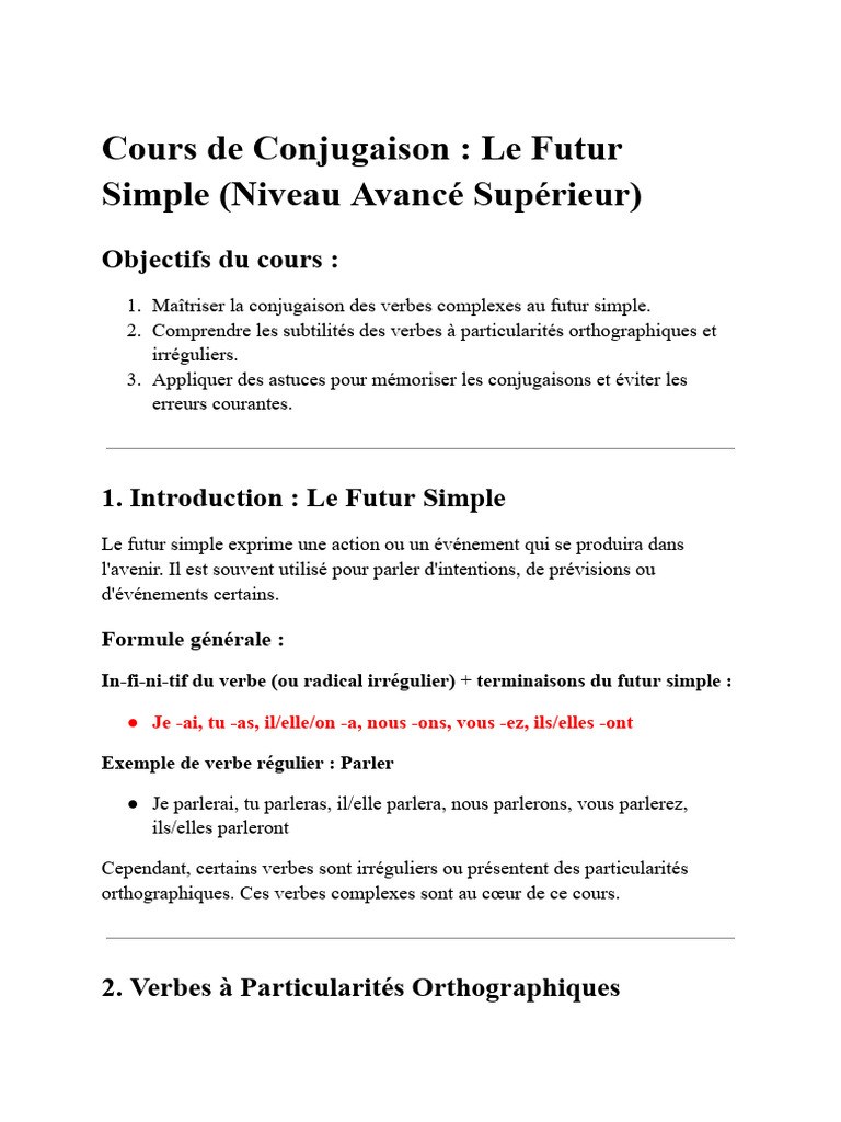 Cours Avancé de Futur Simple en Français | PDF | Verbe | Linguistique