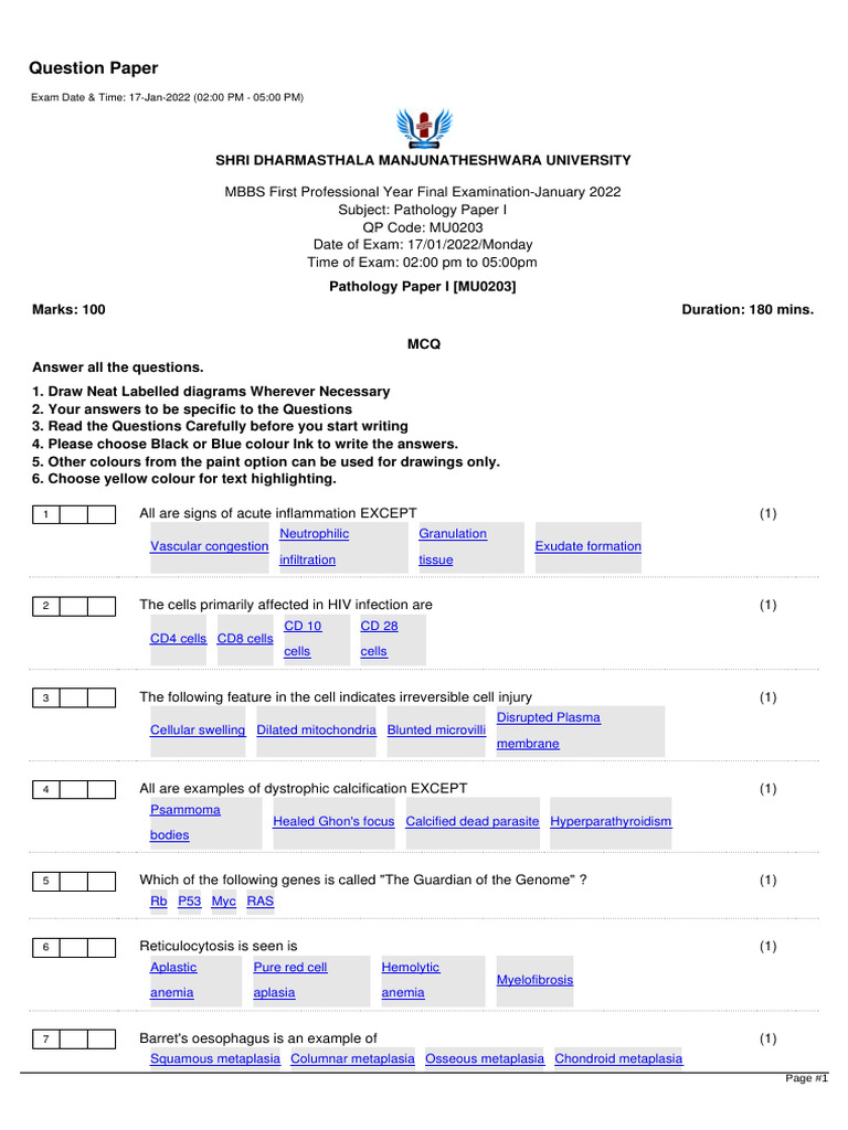 Patho Previous Years Qp-1 | PDF | Anemia | Glycated Hemoglobin