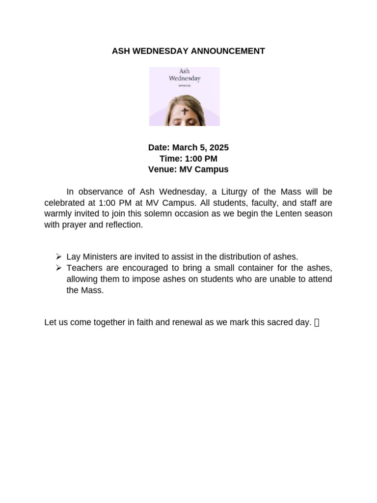 Ash Wednesday Announcement | PDF