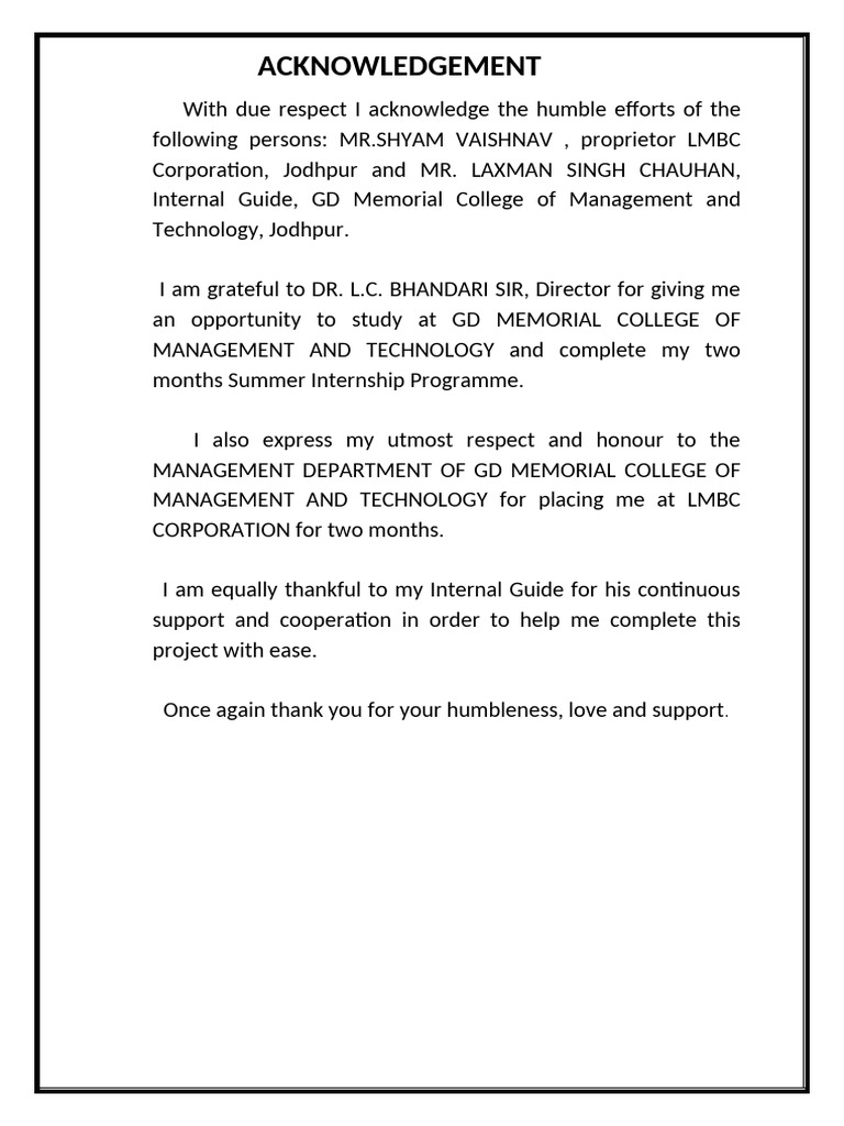 Acknowledgment for Internship Support | PDF