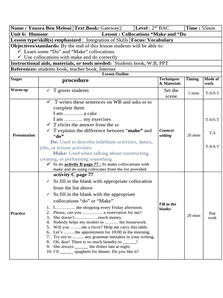 collocations make and do lesson plan | PDF | Linguistics | Human ...