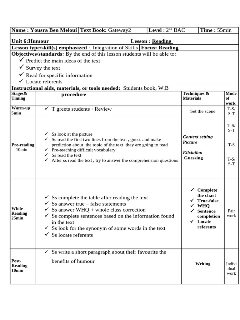 Reading Lesson Plan Unit 6 | PDF | Reading Comprehension | Communication