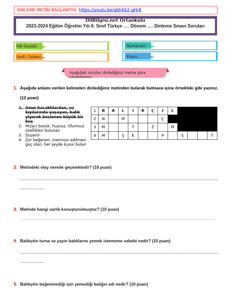 6 Sinif Balikcil Dinleme Sinavi | PDF