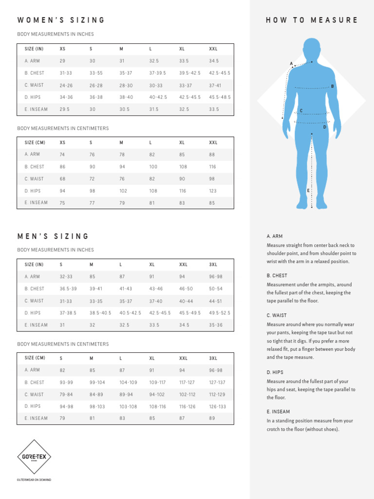 Gore-Tex Size Guide and Measurements | PDF