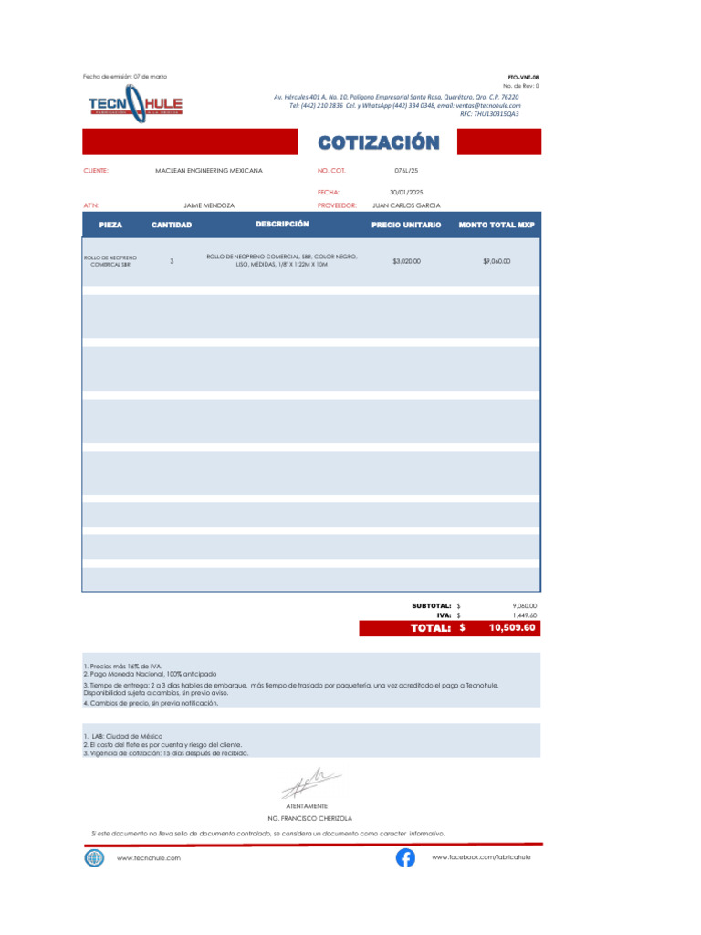 Cotización 076L, Maclean Engineering Mexicana, Jaime Mendoza, Tecnohule ...