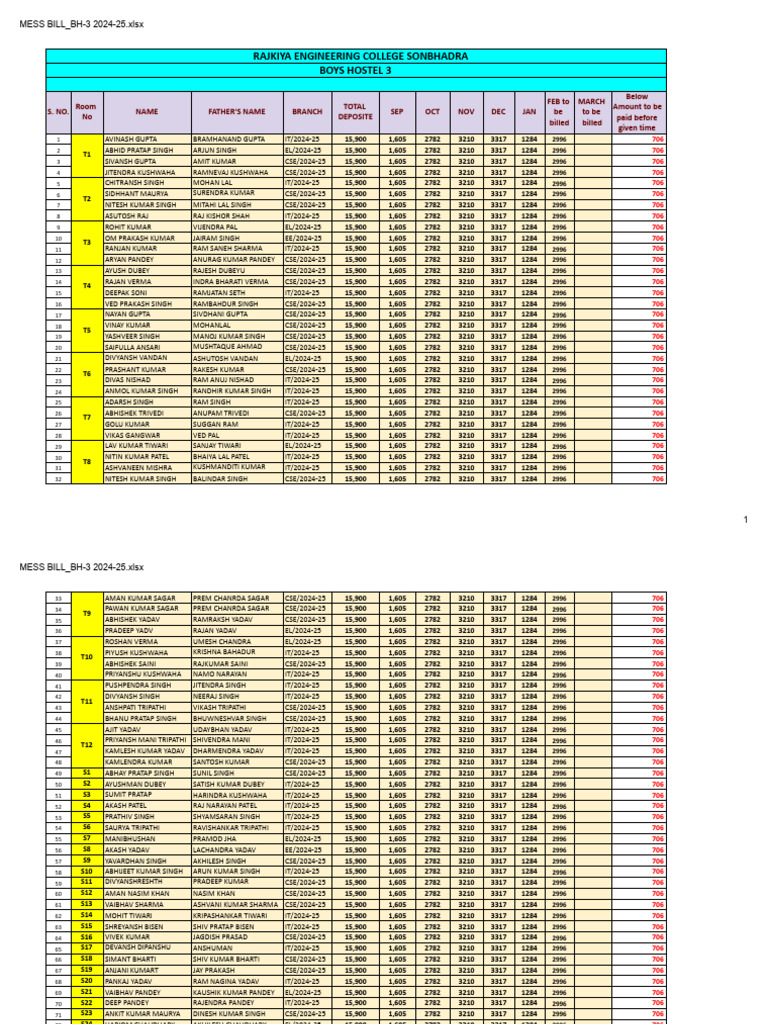 MESS BILL - BH-3 2024-25.xlsx - MASTER DATA - 1 | PDF