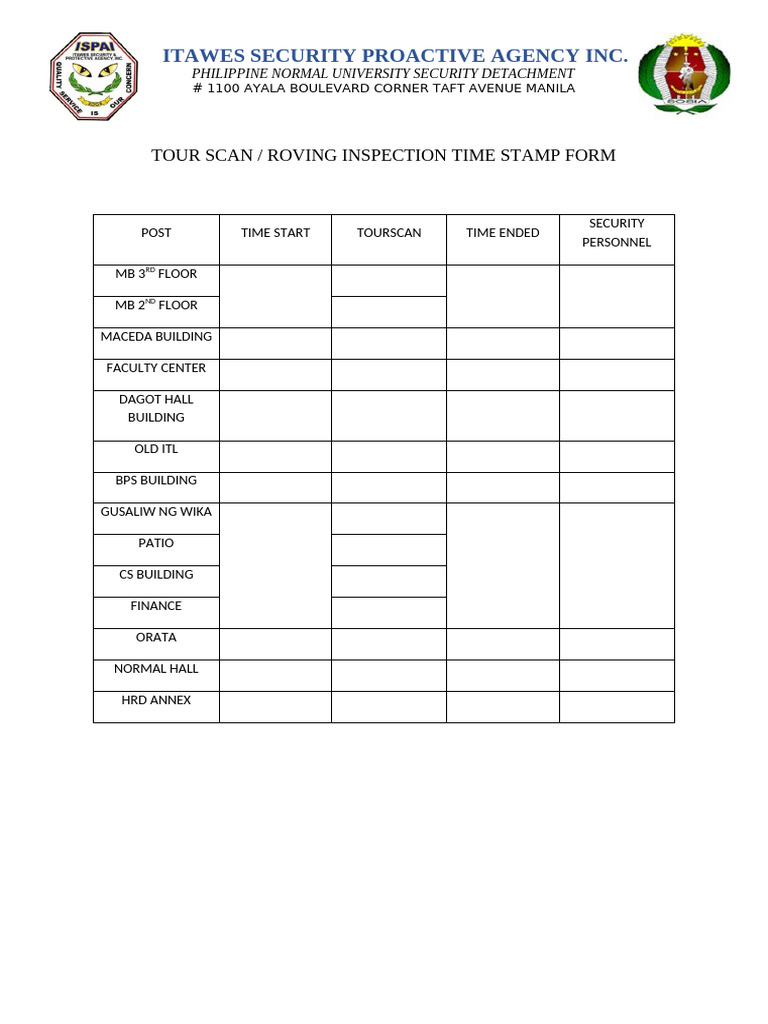 Security Tour Inspection Log Form | PDF