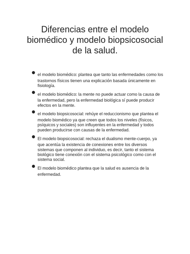 Diferencias Entre El Modelo Biomédico y Modelo Biopsicosocial de La ...