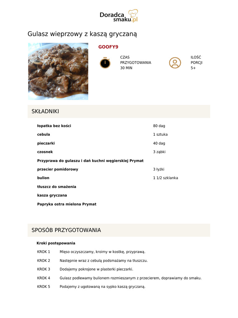 Pobierz Przepis PDF Gulasz Wieprzowy Z Kasza Gryczana 282720 | PDF