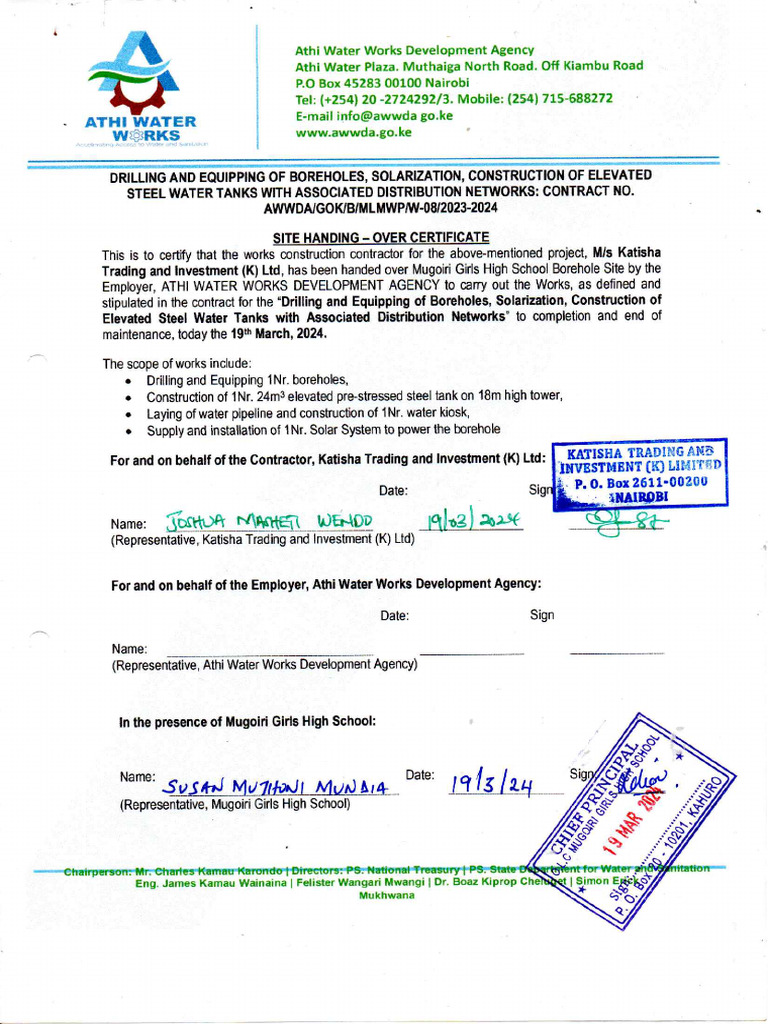 Mugoiri Site Handover Certificate | PDF