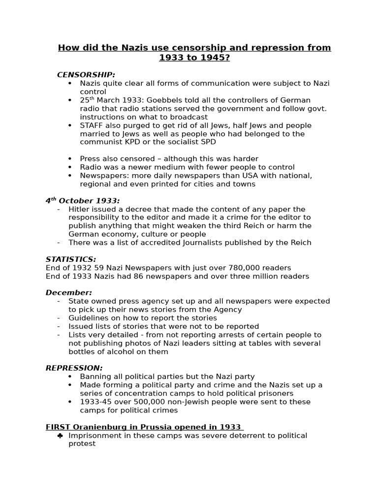 How Did The Nazis Use Censorship and Repression From 1933 To 1945 | PDF ...