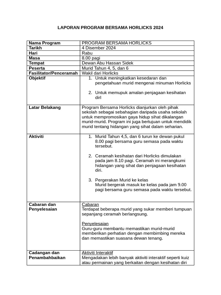 Laporan Program Bersama Horlicks 2024 | PDF