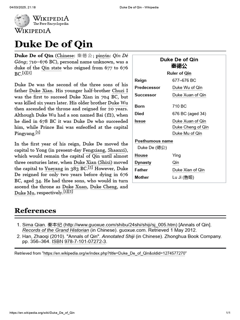 Duke de of Qin - Wikipedia | PDF | China | World Politics