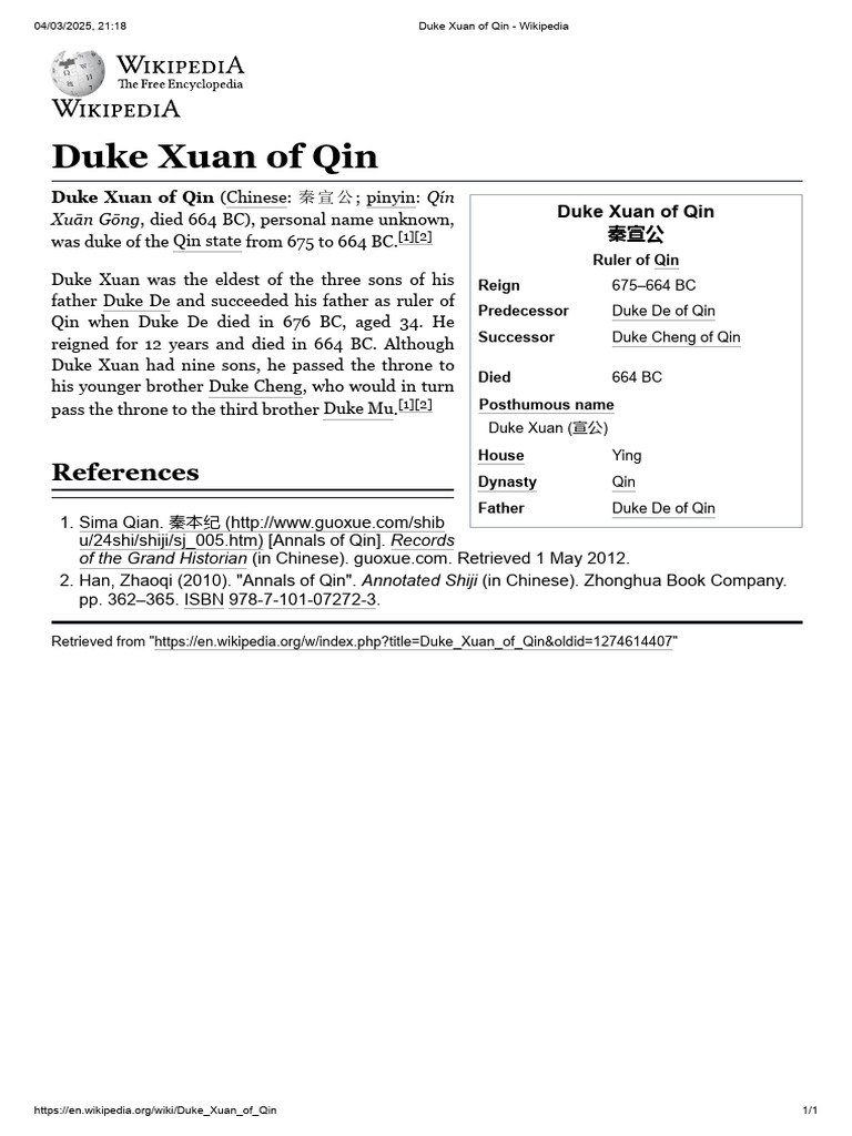 Duke Xuan of Qin: Reign and Legacy | PDF