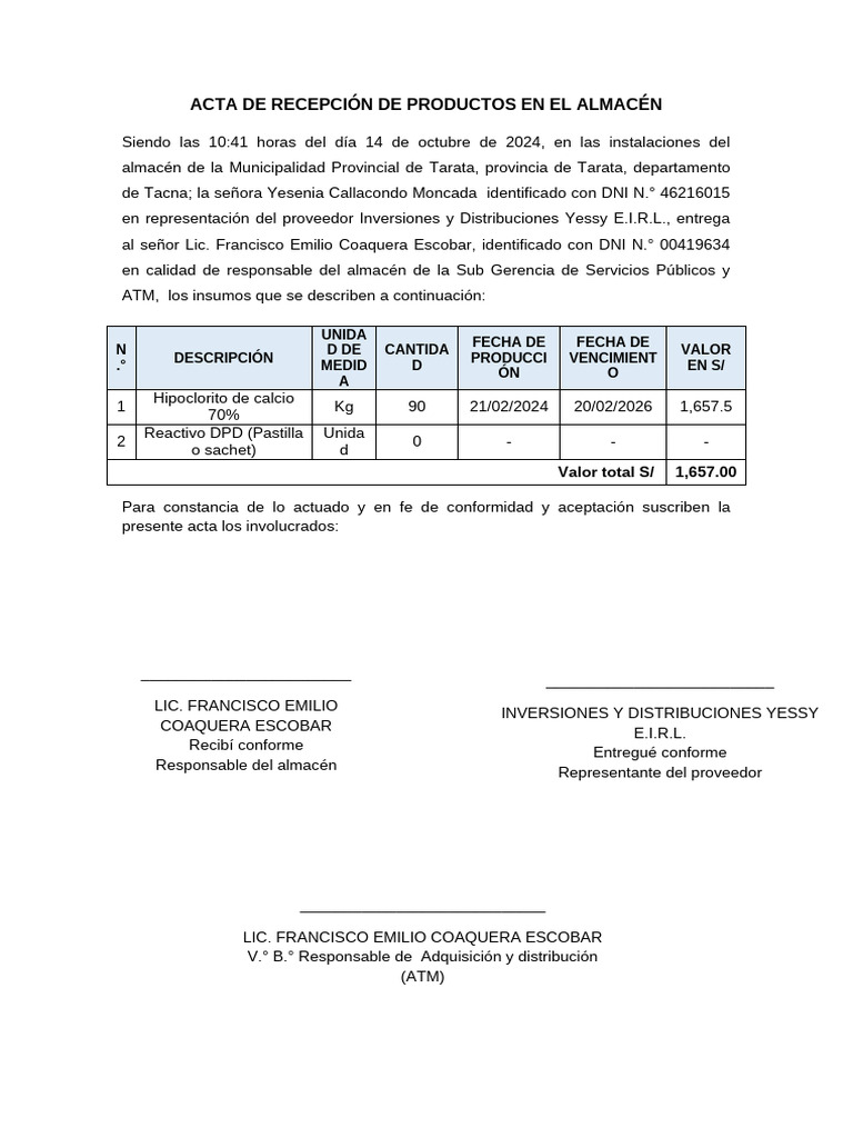 Acta de Recepción de Insumos en Almacén | PDF