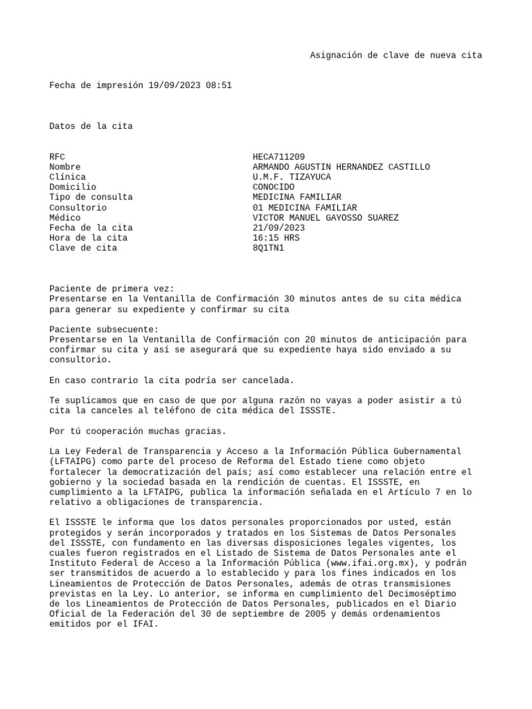 Justificante PDF Cita Consulta ISSSTE | PDF