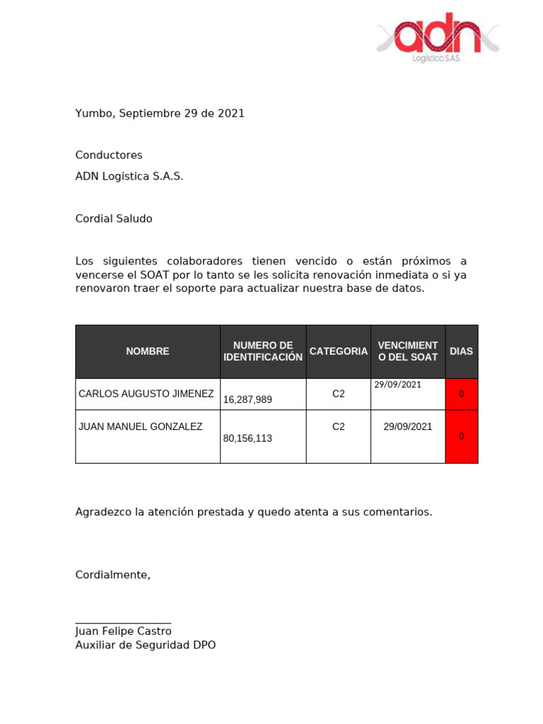 Formato Carta Notificacion Del Soat | PDF
