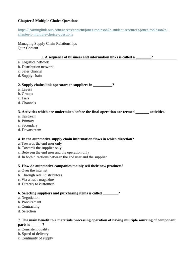 Chapter 5 Multiple Choice Questions & Answers | PDF | Supply Chain | Service Industries