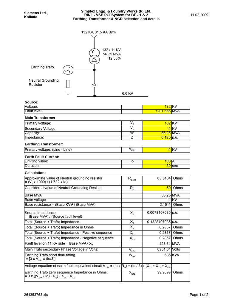 Earthing Trafo and NGR Calculation PR | PDF | Transformer | Electrical ...
