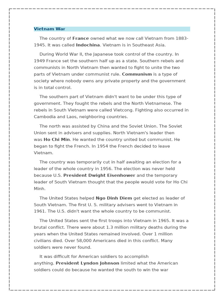 Vietnam War Reading Comprehension | PDF | Vietnam War | North Vietnam
