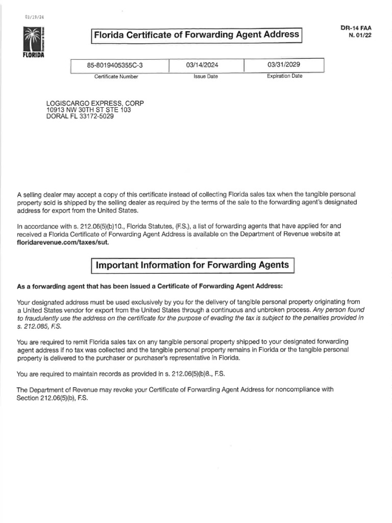 LOGISCARGO EXPRESS CORP Freight Forwarding Certificate | PDF