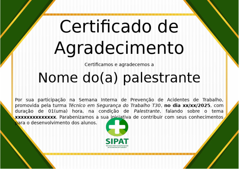 Certificado de Agradecimento SIPAT TST30 | PDF