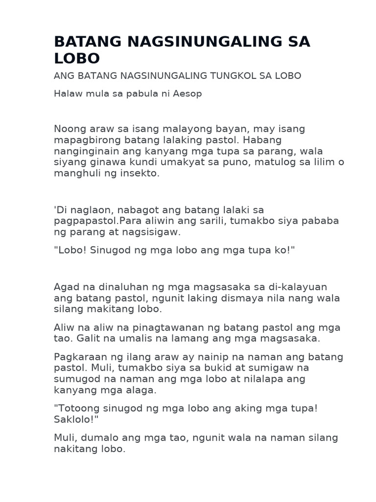 Batang Nagsinungaling Sa Lobo | PDF