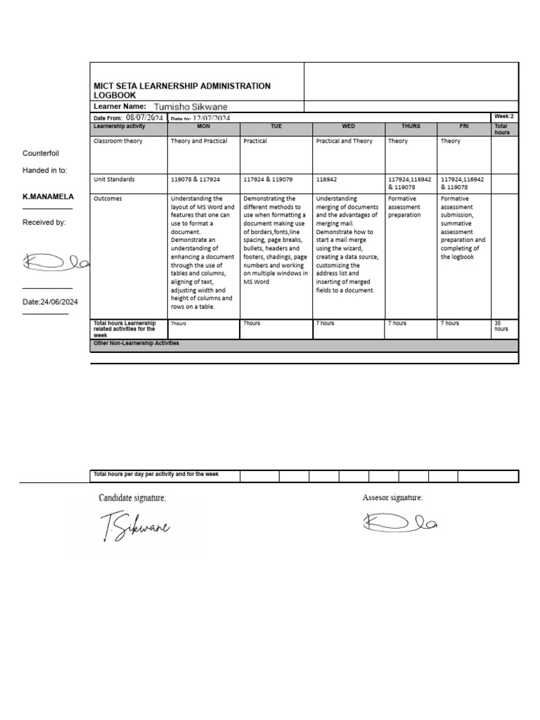 Logbook Week 2 Tumisho Sikwane | PDF | Microsoft Word | Text