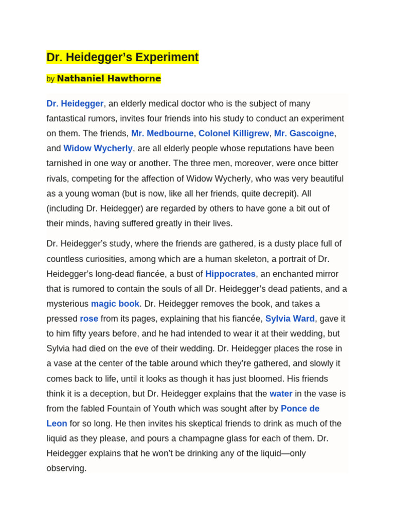 Summary Dr. Heidegger's Experiment | PDF